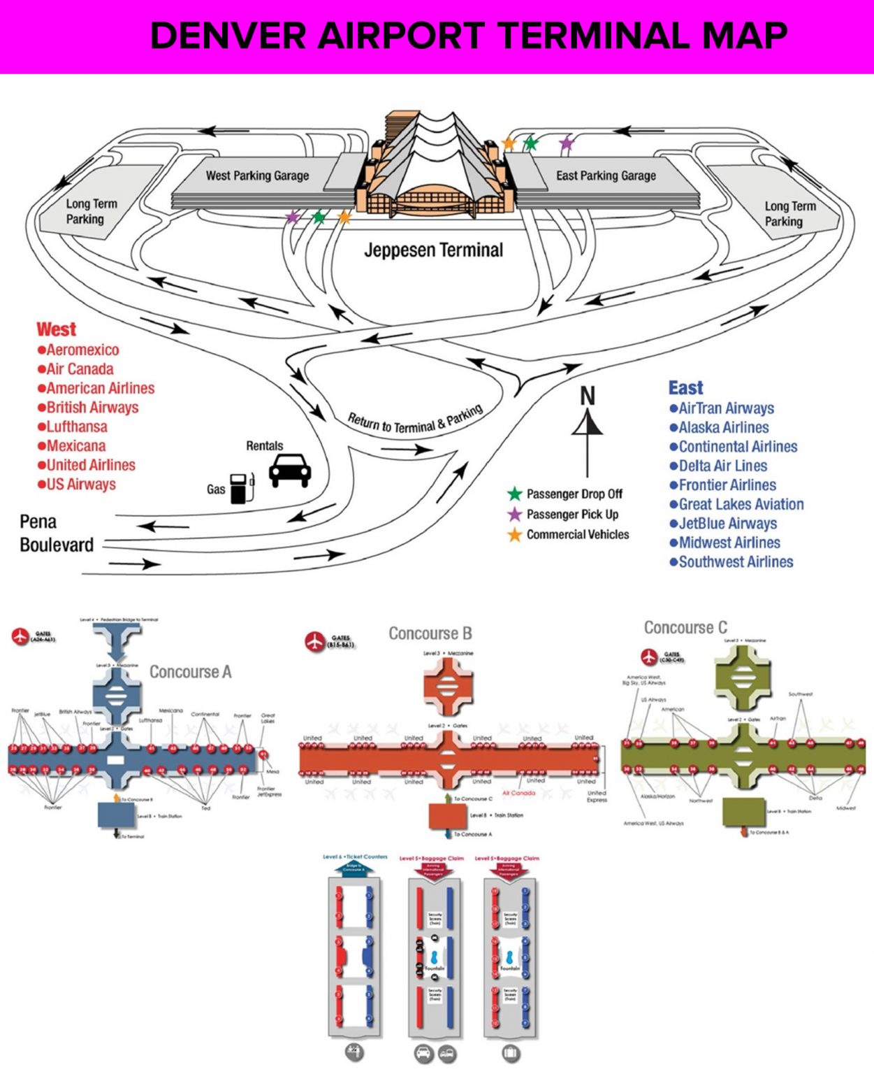 Terminals map at Denver Airport | DEN Concourse A - B - C